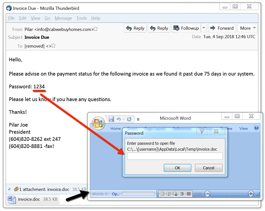 Malware Traffic Analysis 2018 09 06 Malspam With Password protected Word Doc Pushes 
